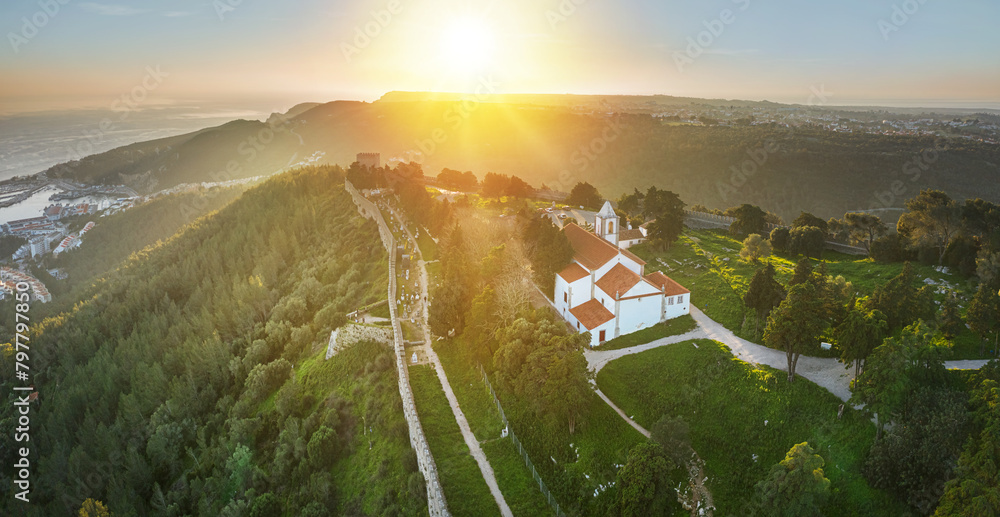 Drone aerial view on Castle of Sesimbra, national monument in Setubal ...