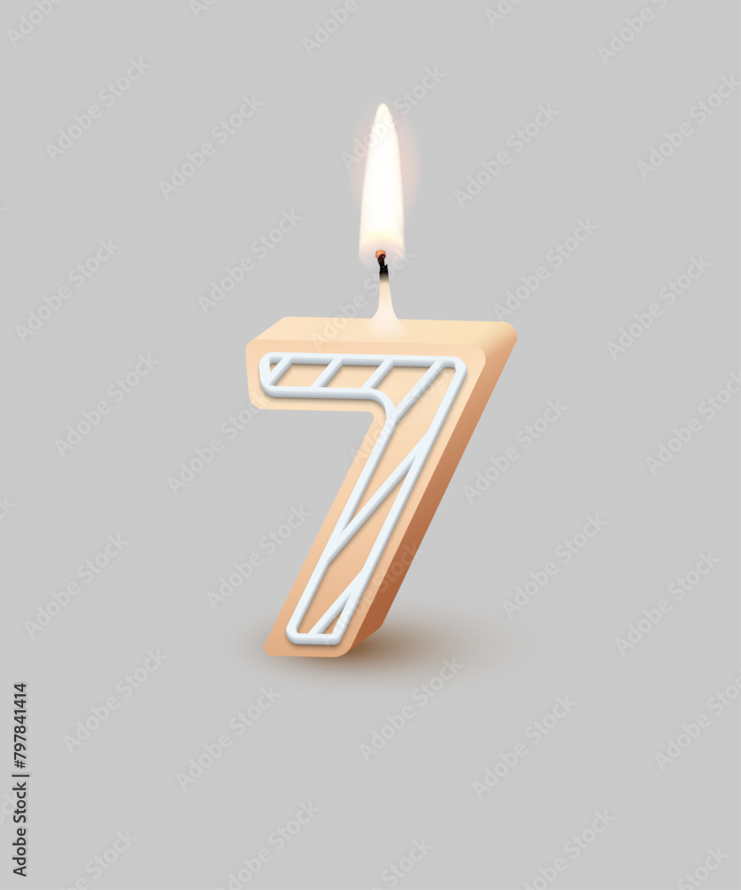 Birthday number seven, candle with fire vector illustration. 3D beige ...