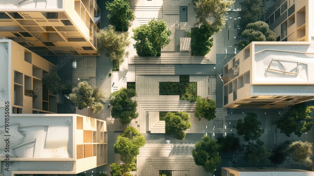 Architectural model of a sustainable building complex with green roofs ...