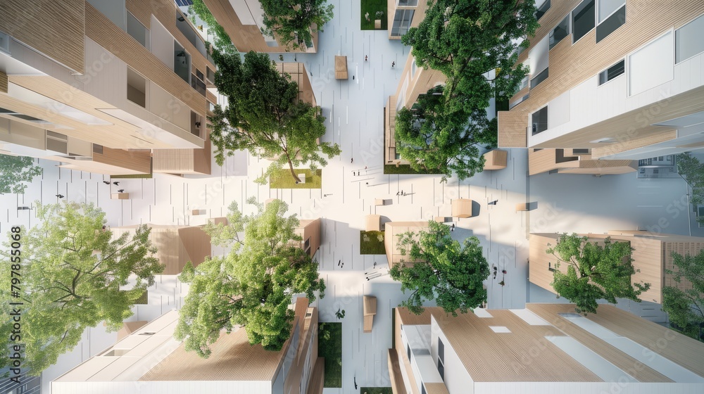 Architectural model of a sustainable building complex with green roofs, integrating urban design ...