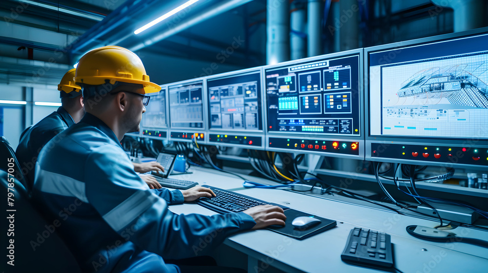 Workers operating control panels and monitoring screens in a high-tech ...