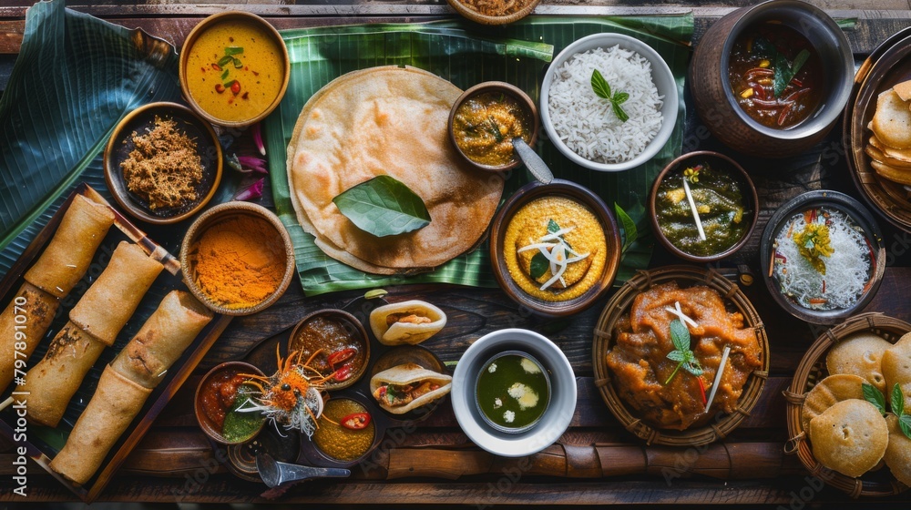 A traditional South Indian breakfast spread featuring dosas, idlis ...