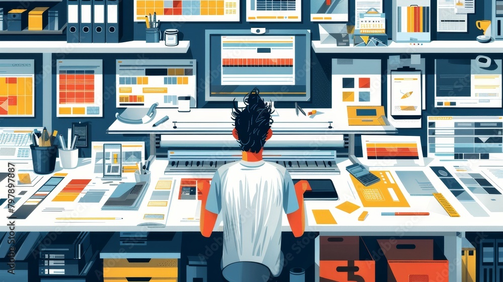 Grid System: A vector illustration of a designer using a grid system to ...