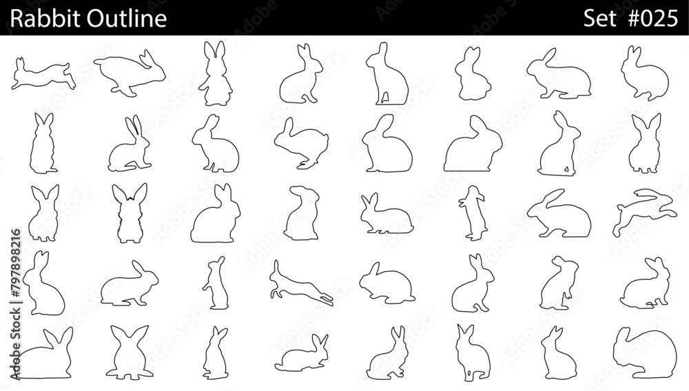 Minimal style rabbit line drawing, Side view, set of graphics bunny ...