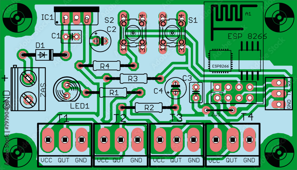 Vector printed circuit board of electronic device with components of ...