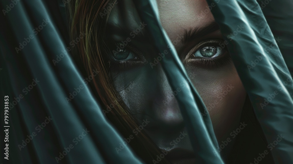 A beautiful woman's face is partially hidden behind a curtain, with ...