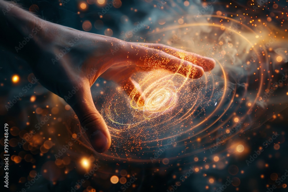 First contact. hand reaching a spinning vortex of light particles ...