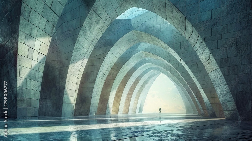 The image features an expansive interior space of a modern structure ...