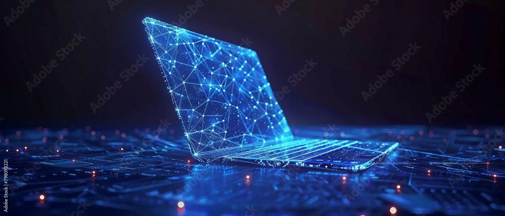 technology in electronics, digital blue low poly laptop with glowing ...