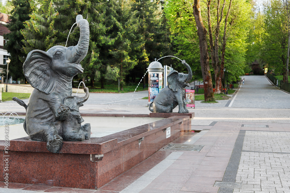 RABKA ZDROJ, POLAND - APRIL 26, 2024: Fountain with elephants in front ...