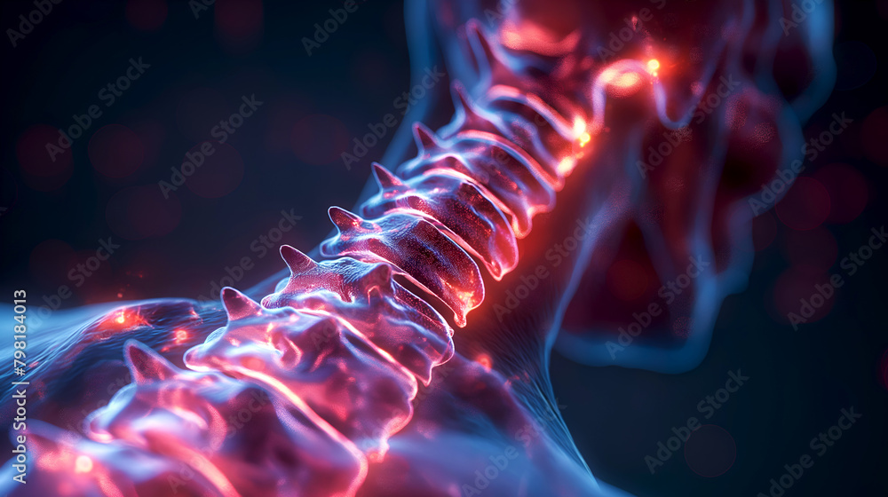 Illuminated spine model with a red glow. Digital spine anatomy in blue ...