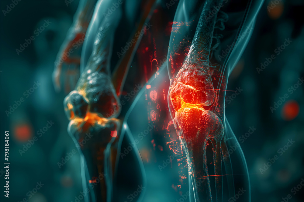 Hyper-realistic knee joint with inflammation effect. Intense red ...