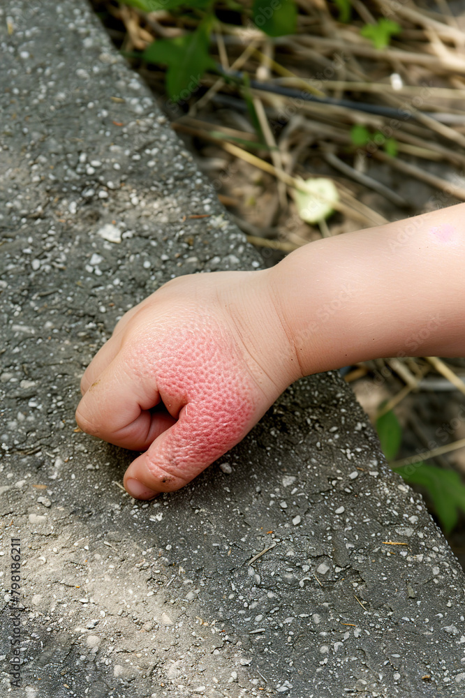 A child's hand scratching a red, bumpy skin rash, discomfort and ...