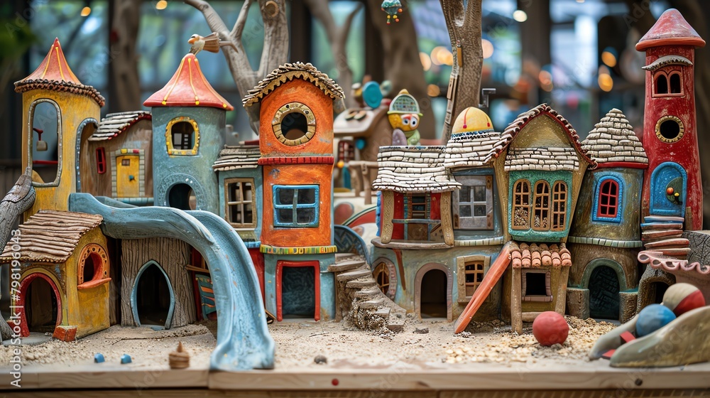 Craft a detailed clay sculpture depicting a whimsical playground ...