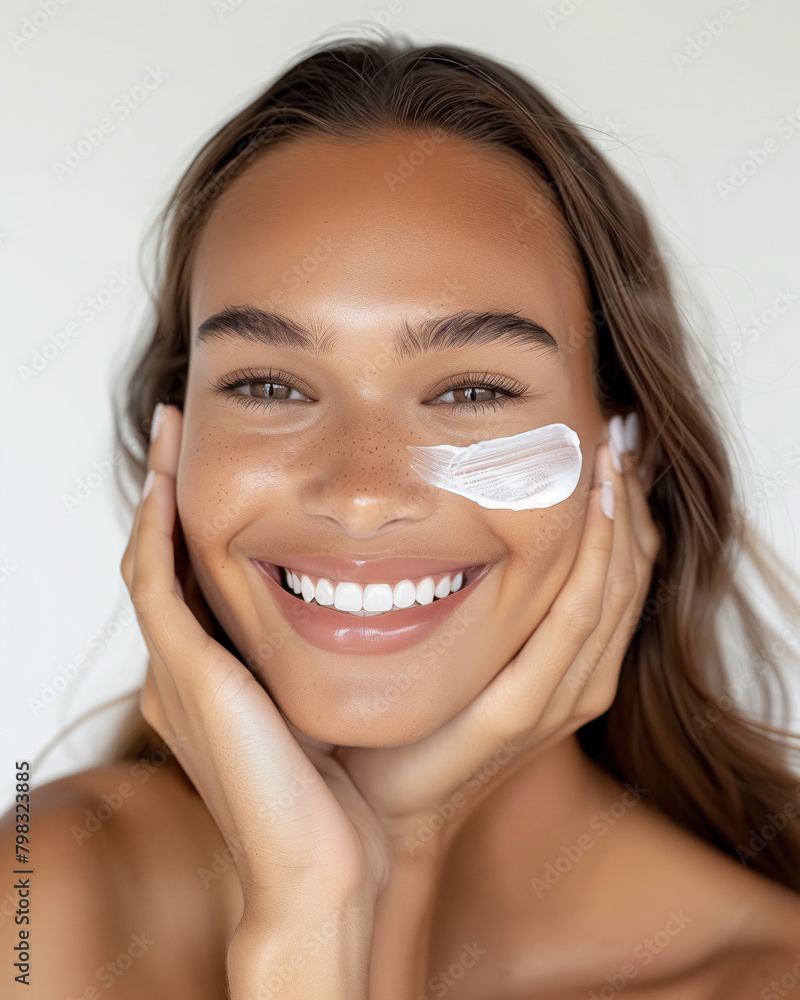 Beautiful skincare model, shooting skincare ads, put cream on the face ...
