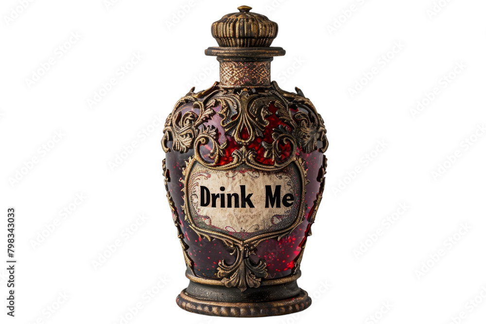Antique "Drink Me" potion bottle with ornate details isolated on transparent background. Vintage ...