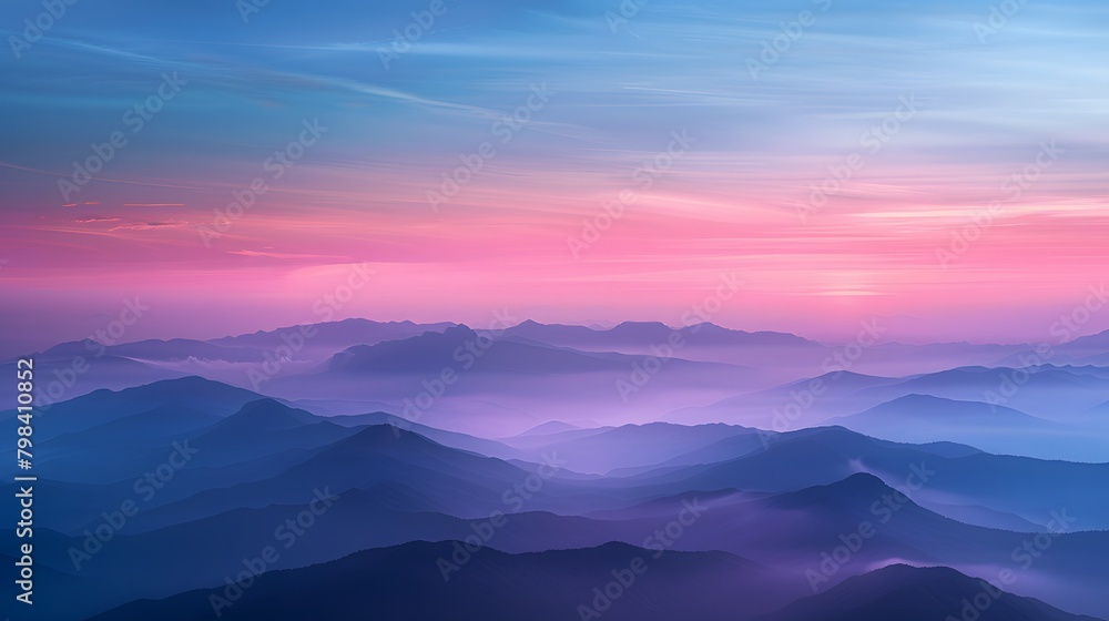 The sky at dawn, with the horizon pink and blue, mountains in misty ...