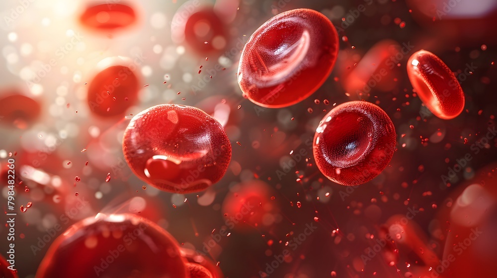 Red cells flowing in the living body, closeup of red cells with a ...