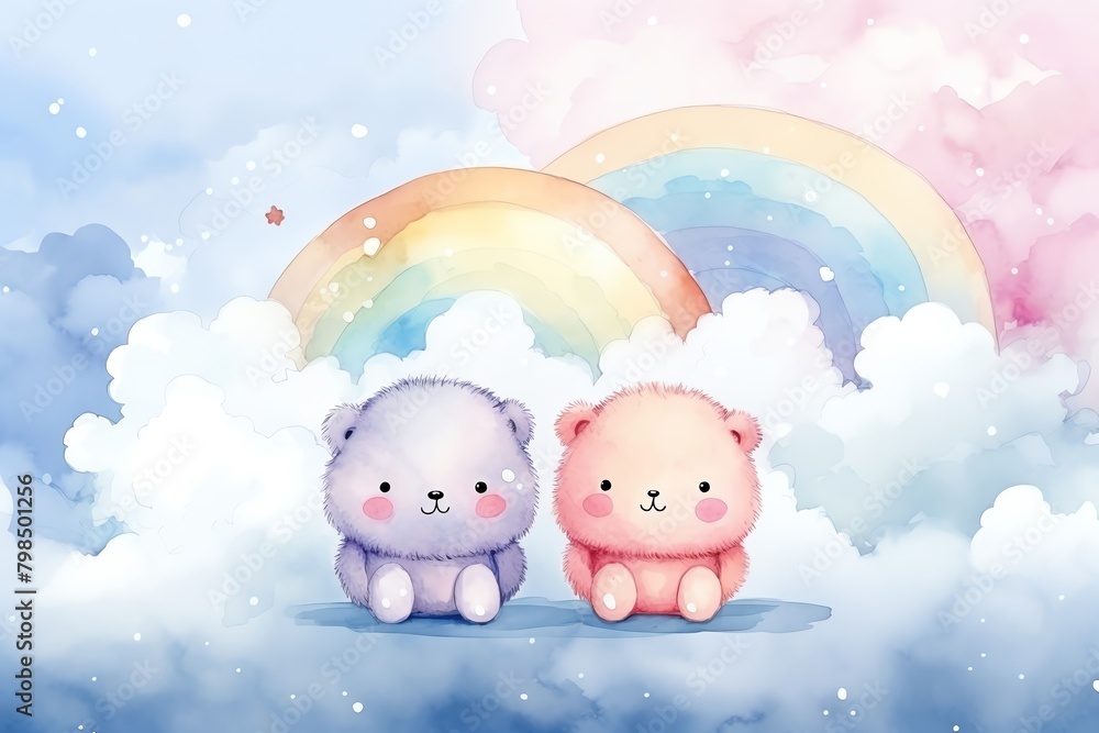 Super cute characters on a pastel rainbow background water color ...
