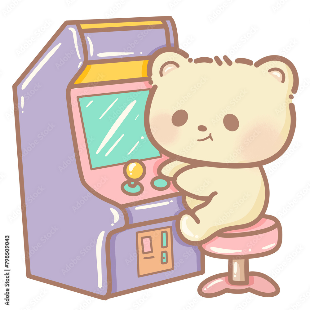 Handdrawn illustration Cute kawaii yellow teddy bear playing an arcade ...