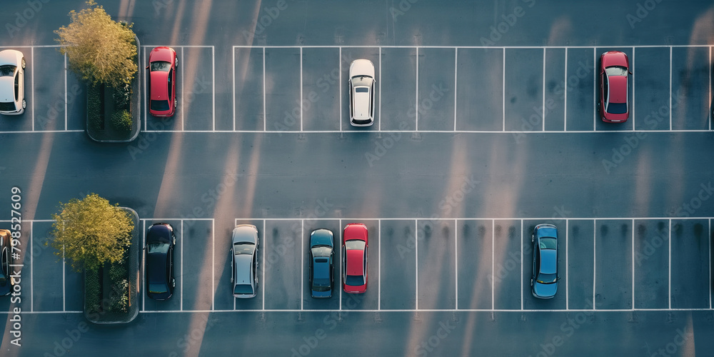 Aerial view of a parking lot with various cars and trees. Urban ...