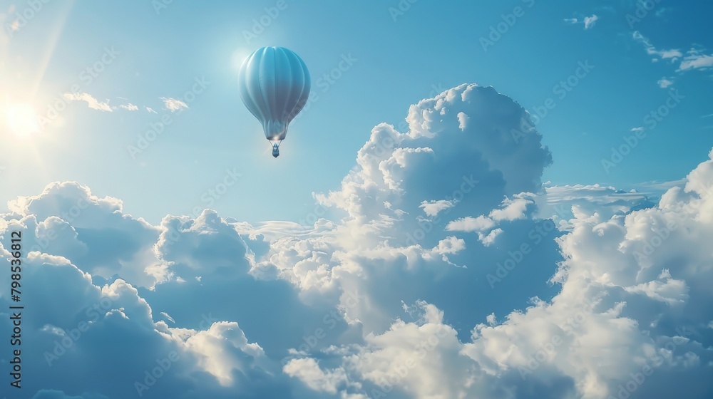 A light bulb shaped like a hot air balloon, floating amongst fluffy clouds that resemble thought ...