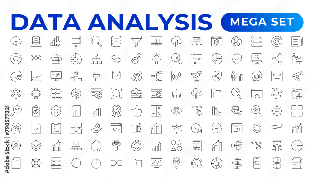 Data analytics icon set. Big data analysis technology symbol. Containing database,computing and ...
