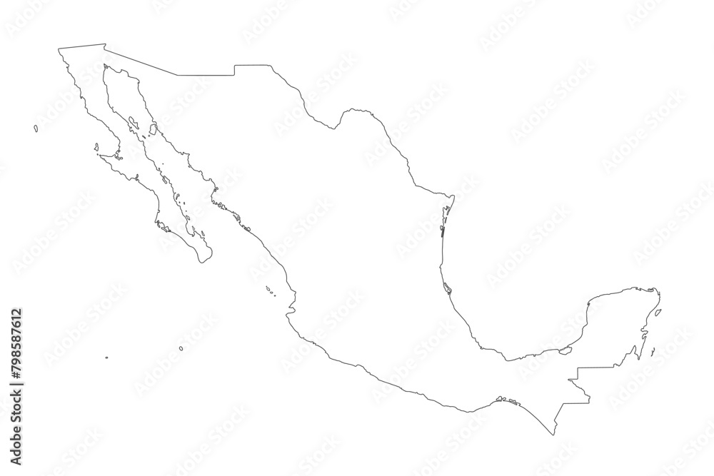 Mexico blank border map outline sketch isolated on white. Thin hand ...