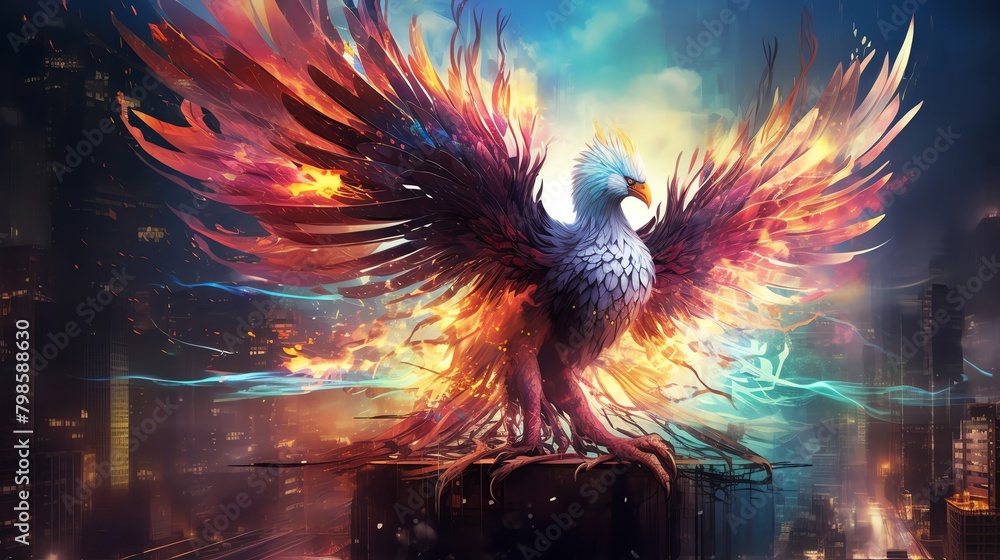 Craft an intricate composition of a phoenix perched on a metallic ...