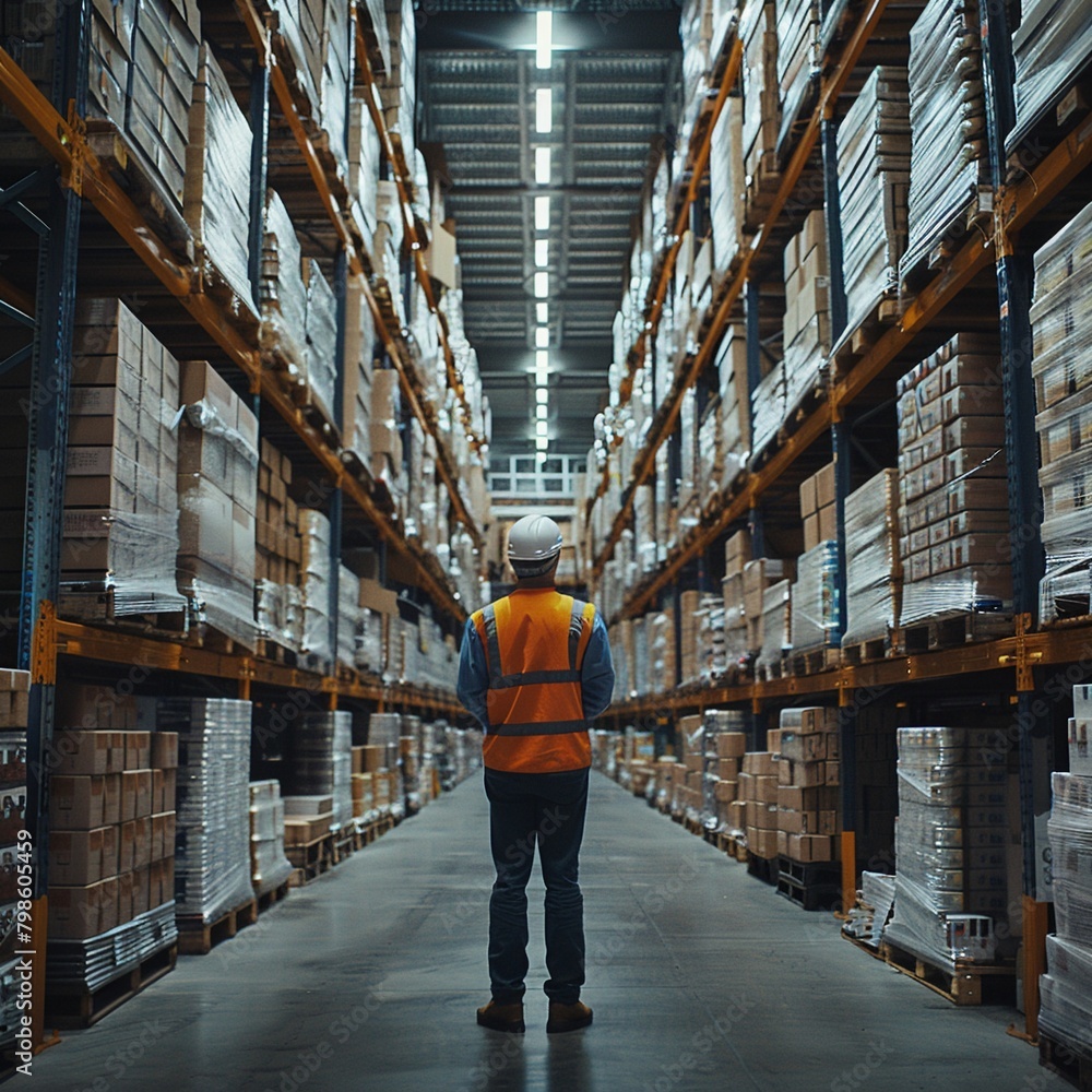 Amidst stacks of boxes, a warehouse worker oversees storage aisles ...