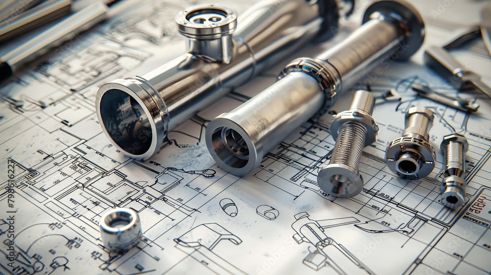 A variety of tools are scattered across a blueprint, showcasing the ...