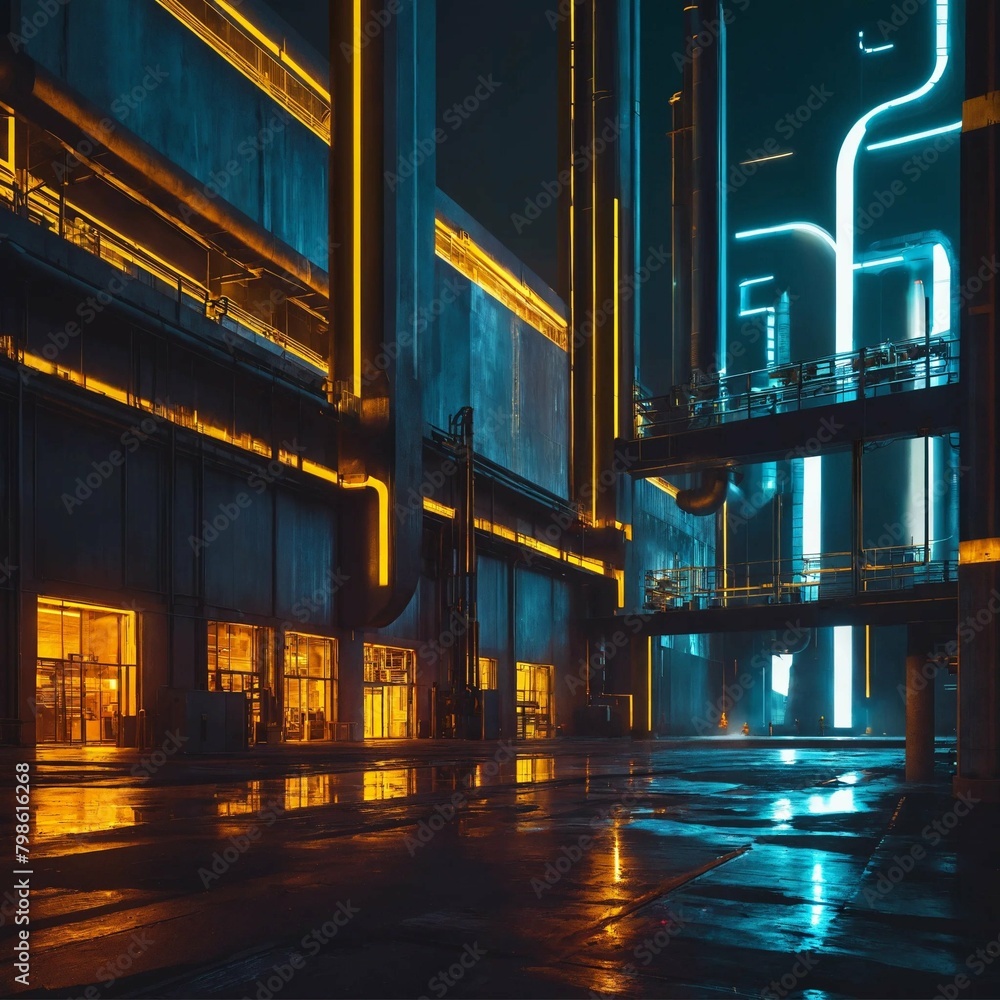 A futuristic manufacturing factory at day and night with focus on the ...