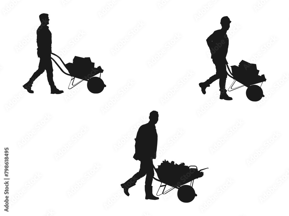Construction worker with wheelbarrow vector silhouette. Man carrying ...