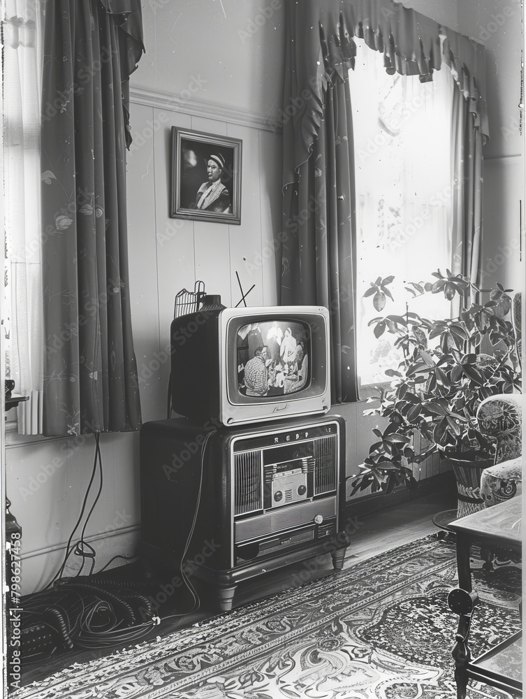 A 1940s vintage TV set in a retro living room with era decor and ...