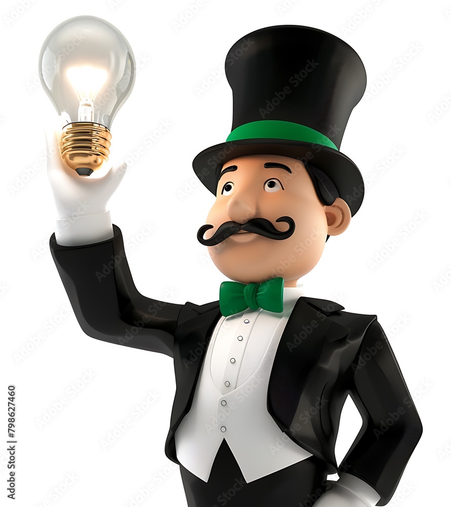 3D rendering of the Monopoly man holding up an incandescent light bulb against a white ...