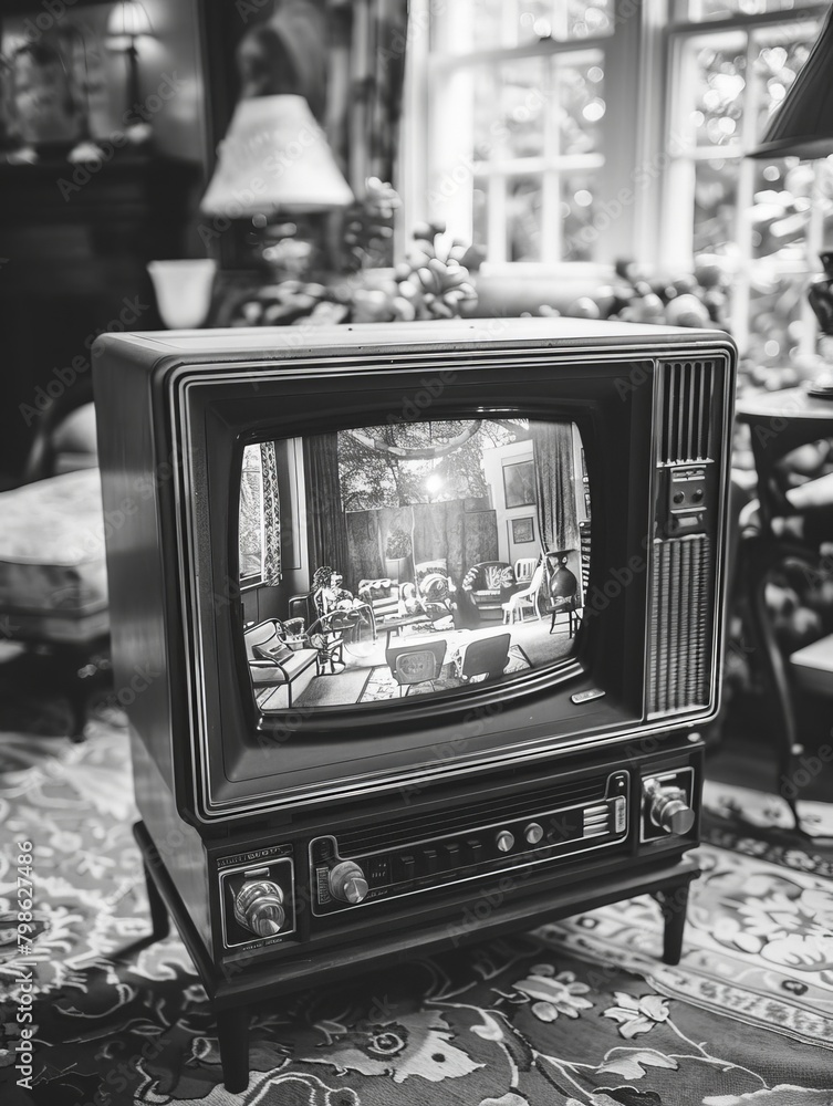 Classic TV set, vintage television from the 1940s, displayed in a retro ...