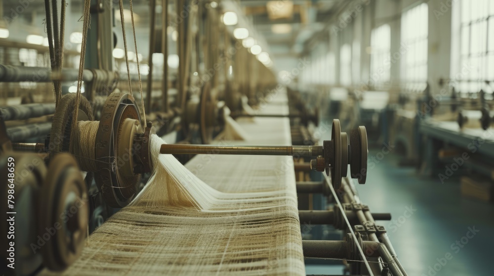 A photo of interior of woven factory with machine working while waving ...