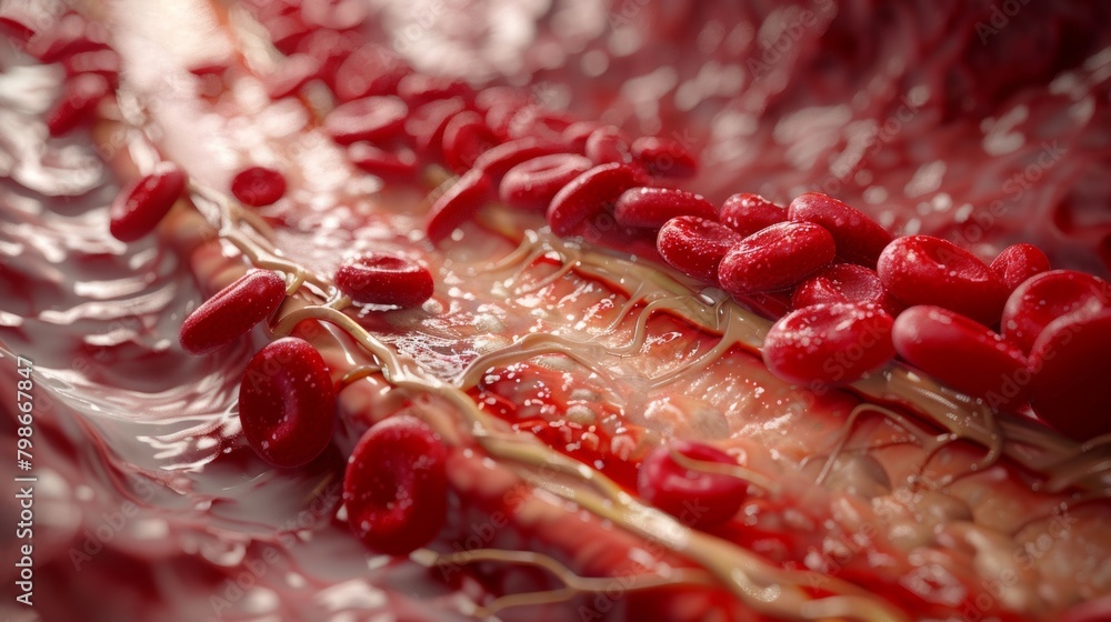 A cross-section of a human artery with flowing red blood cells and ...