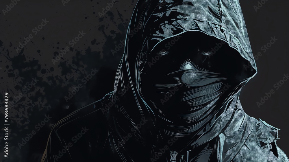 Silhouette of a bank robber clad in a dark hood and mask, blending into ...