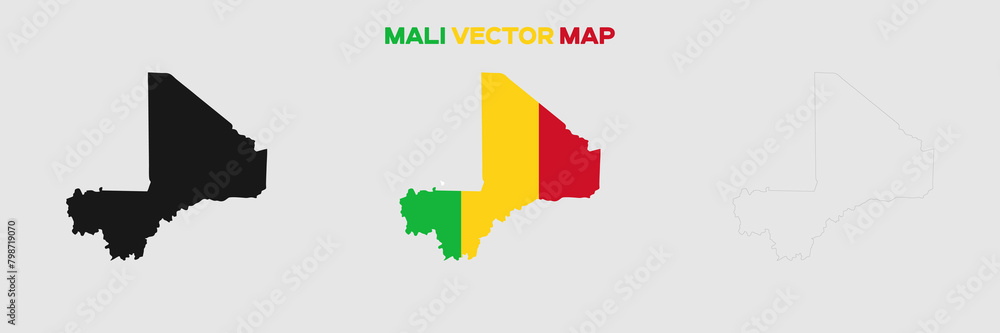 Mali Map Vector Pack. Map with Flag. Gray Map Silhouette. Gray Outline ...