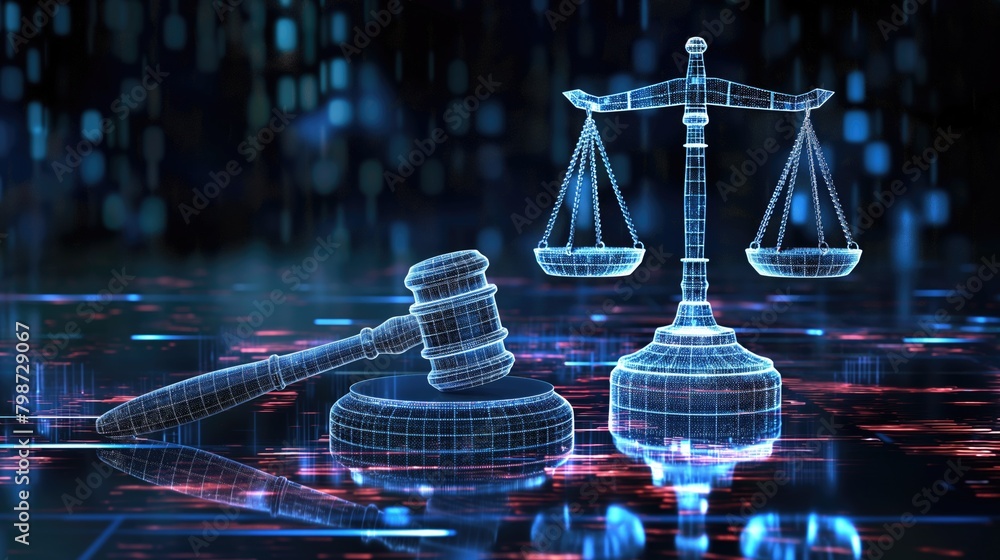 Futuristic justice background Judge's gavel and scales standing on ...