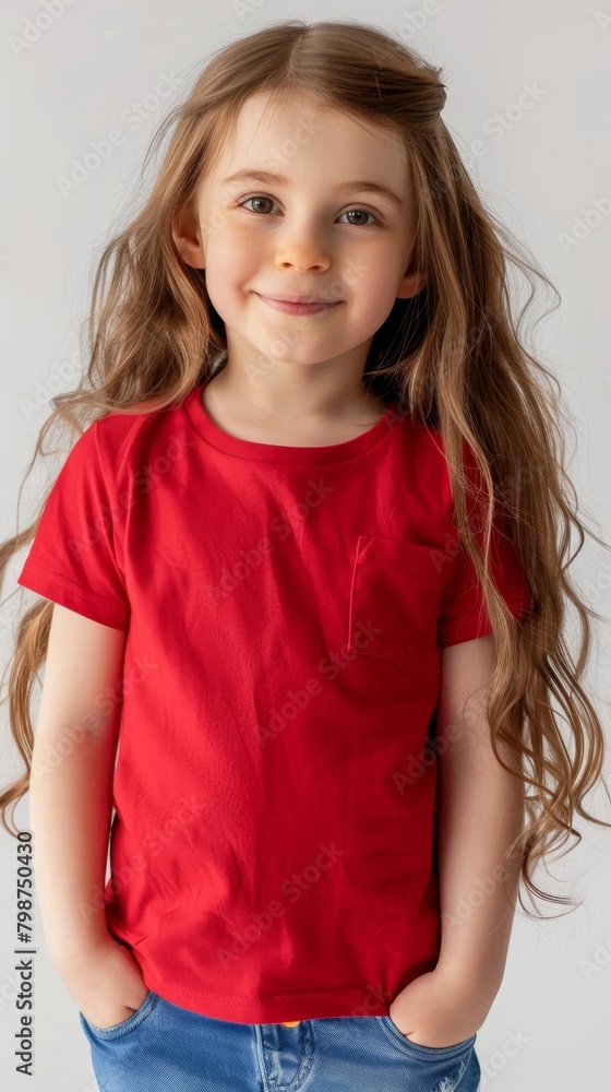 Little girl wearing red blank white t shirt mockup for print image ...