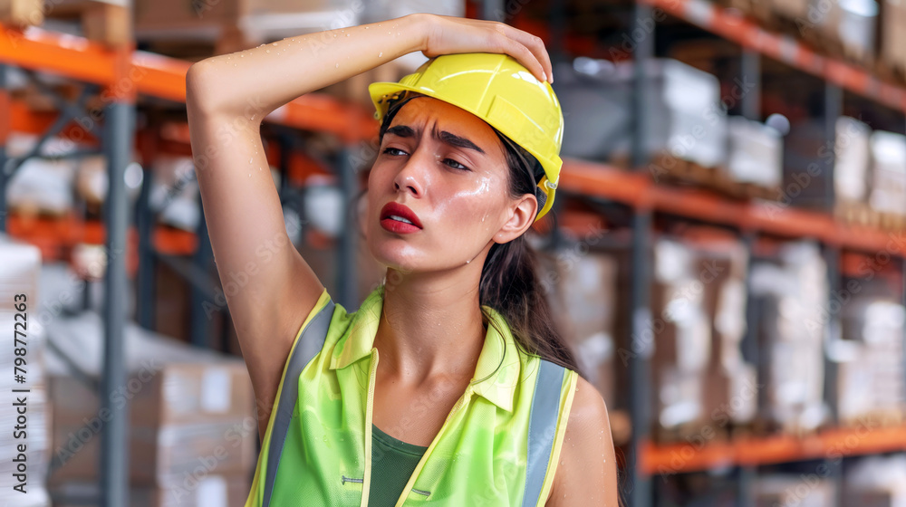 Warehouse Worker Overheating and Exhausted from Intense Physical Labor ...