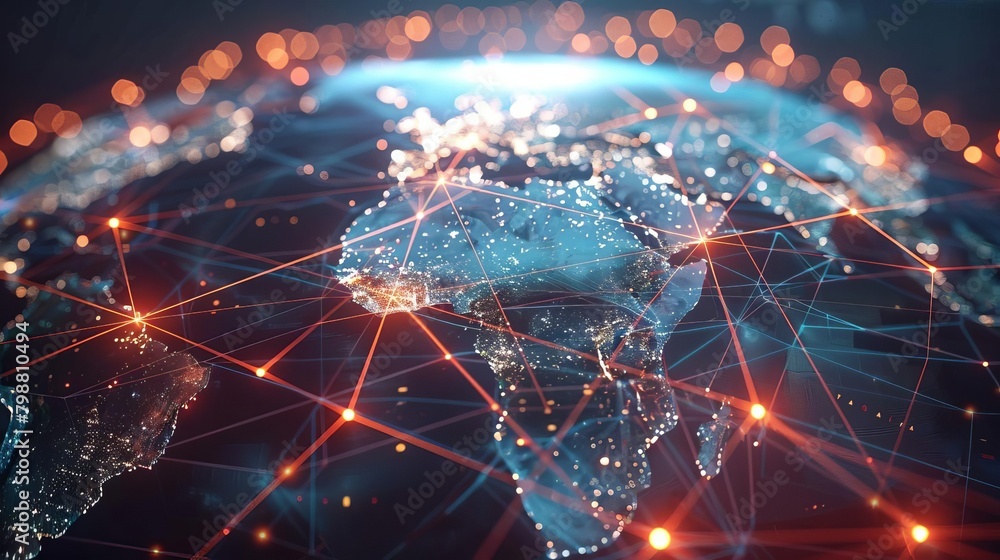 Dynamic visualization of a 3D globe with lines connecting major cities ...