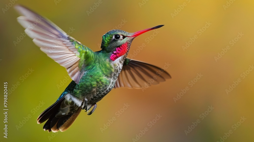 Beautiful wide-beaked colorful colibri bird flying against bokeh ...