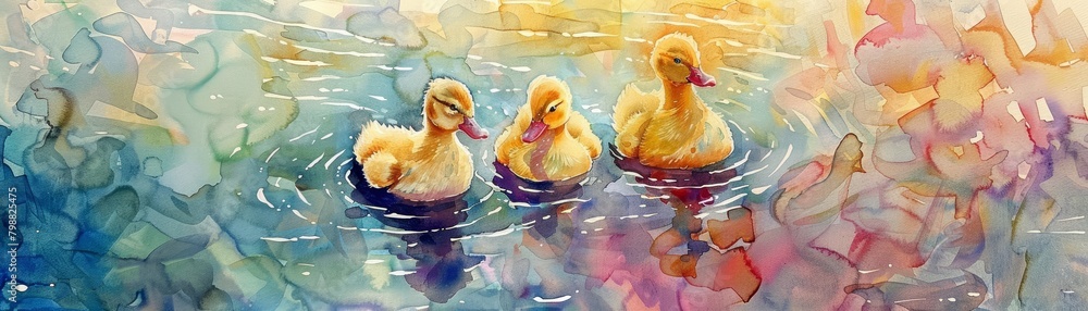 Ducklings paddle along, following ripples on a crystal lake, kawaii ...