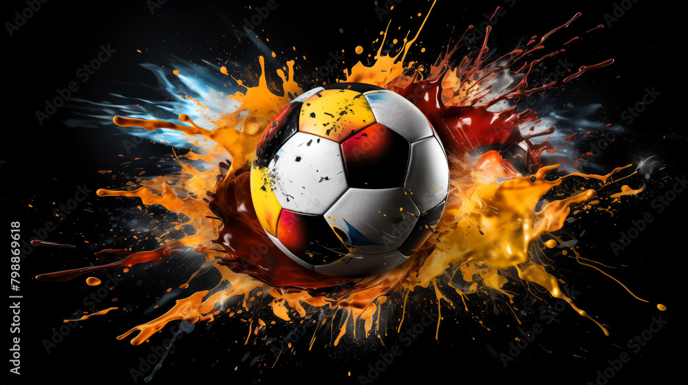 Soccer ball amidst explosion of colorful paint splashes against dark ...