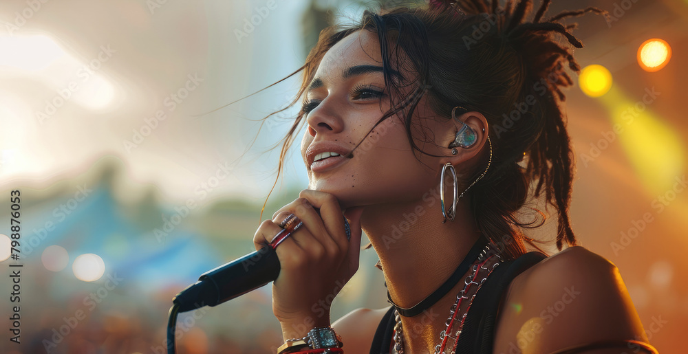 Stunning skinny young woman model singing in microphone, face , Pop ...