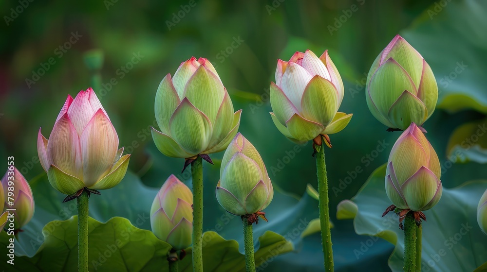 cluster of lotus flowers in various stages of bloom, representing the ...