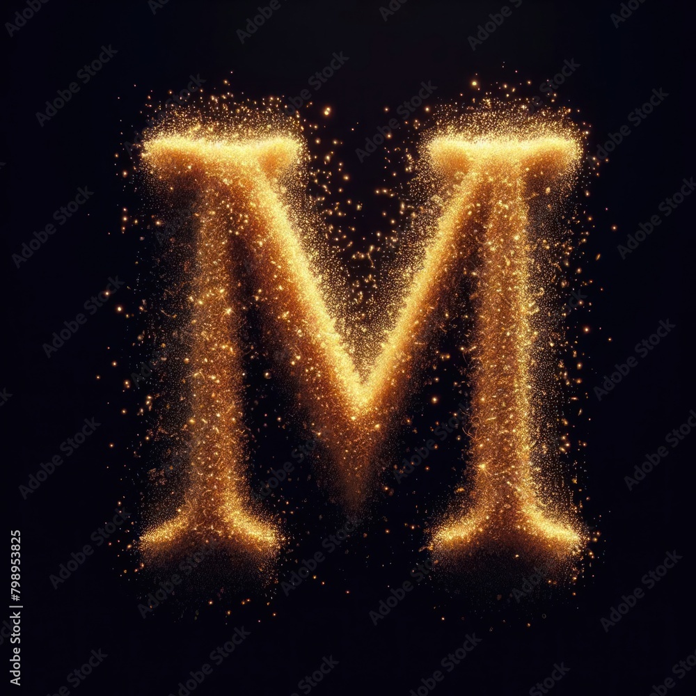 Golden glowing letter "M" isolated against a black background. Gold ...